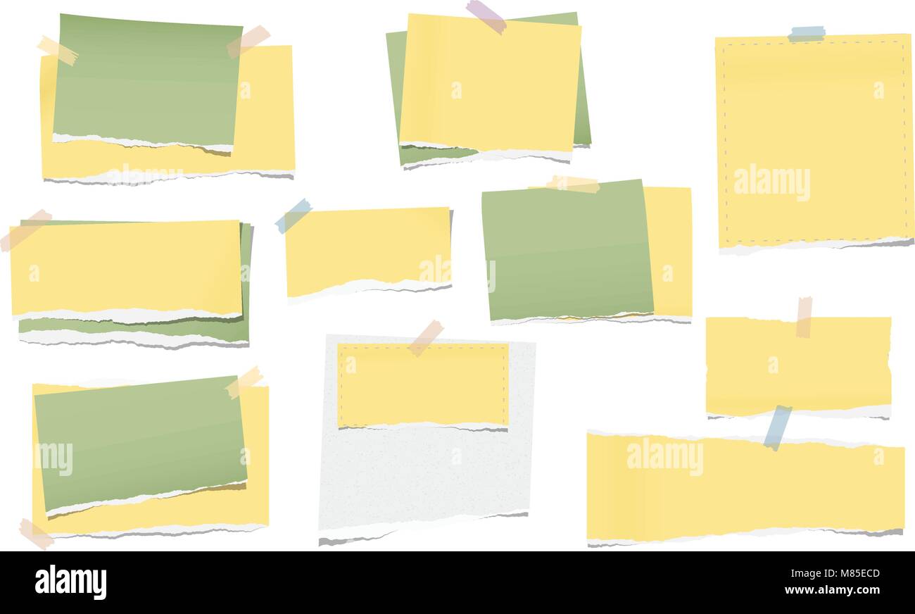 Yellow and green torn note, notebook paper pieces for text stuck with ...