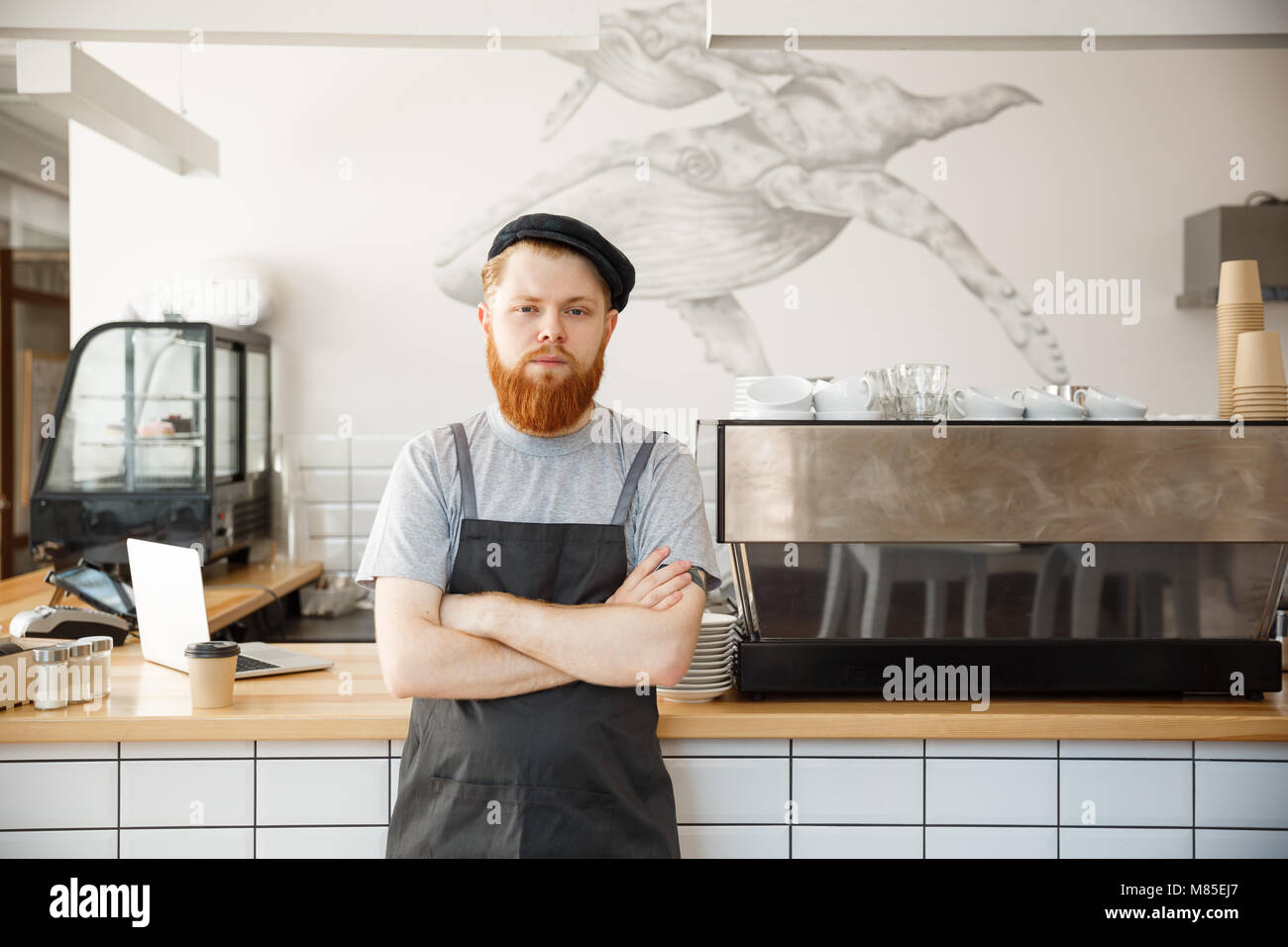 Coffee Business owner Concept - Portrait of happy young bearded ...