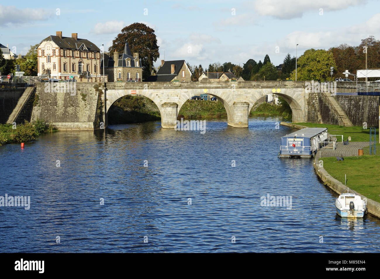 Mac Racken bridge in Mayenne city, river La Mayenne (Mayenne department ...