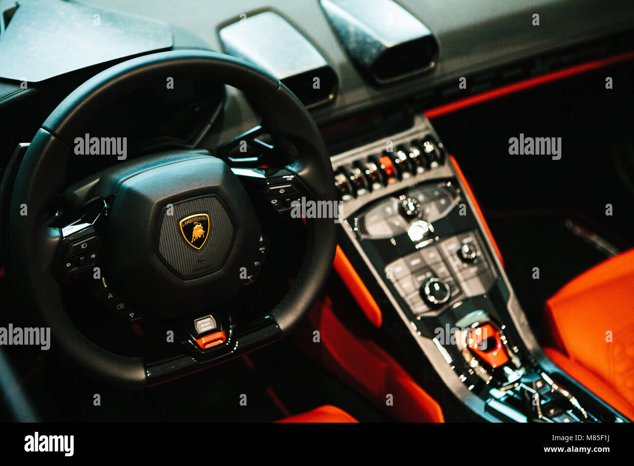 Volkswagen Group Forum - auto show in Berlin. Close-up. Luxury driver's ...