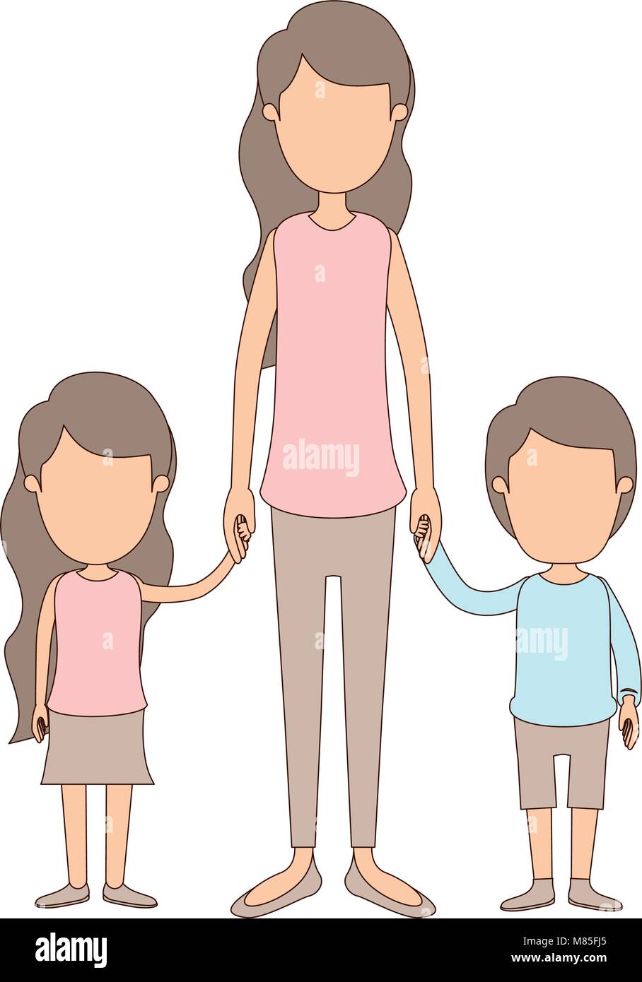 light color caricature faceless full body mother taken hand with girl ...