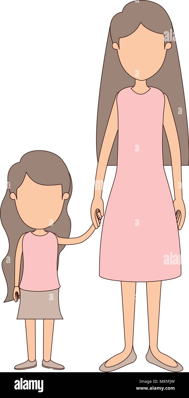 light color caricature faceless full body mother taken hand with girl ...