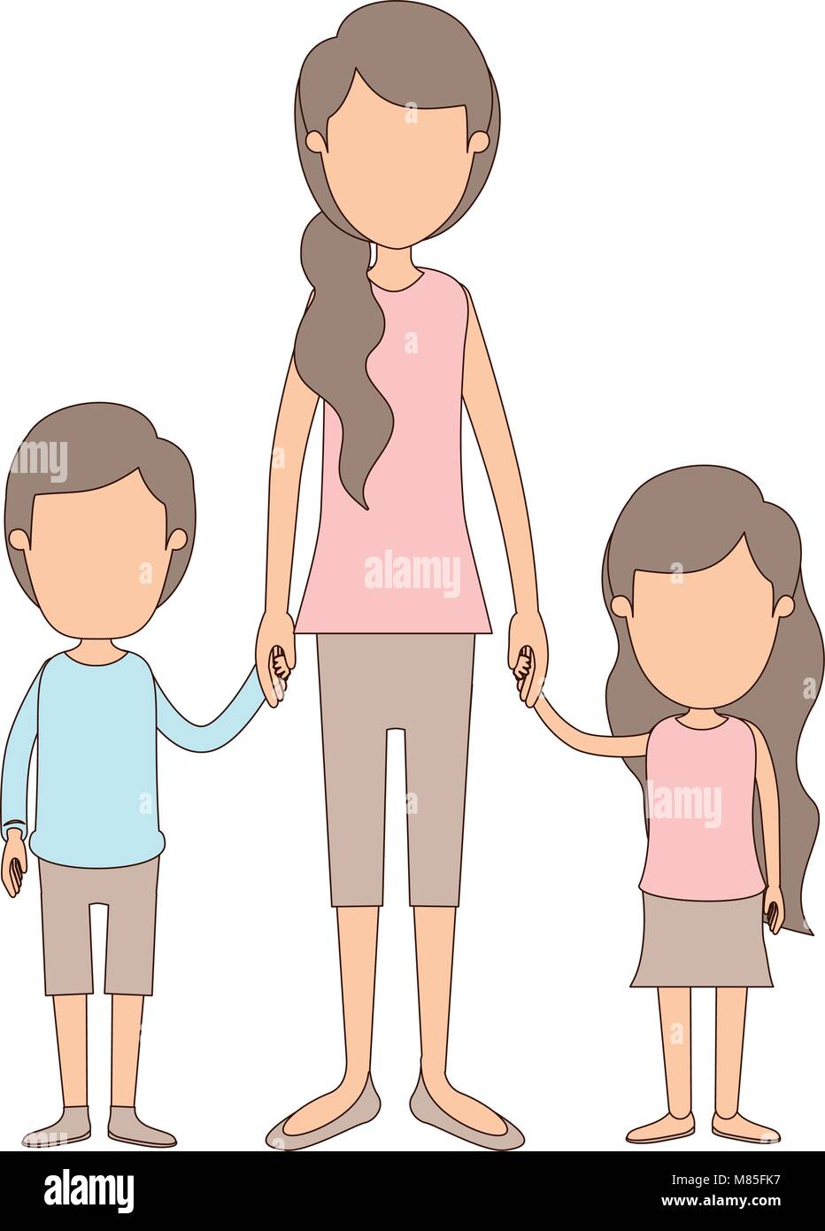 light color caricature faceless full body mother taken hand with ...