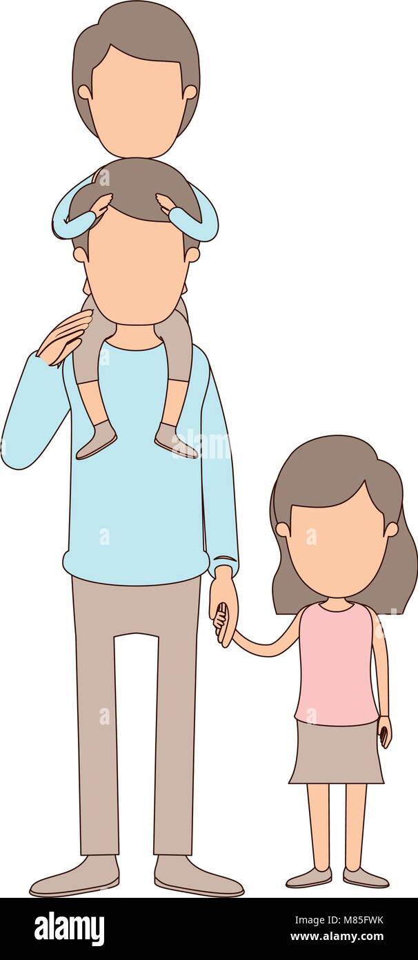 light color caricature faceless dad with boy on his back and girl taken ...