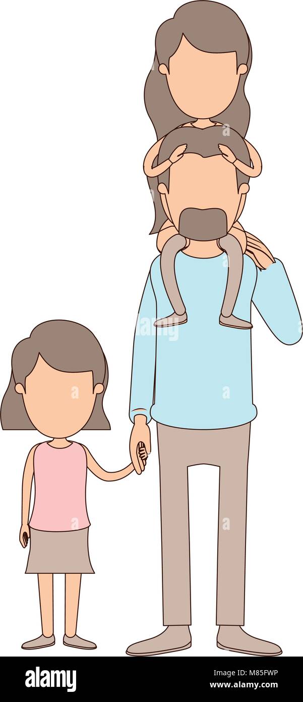 light color caricature faceless dad with daugther on his back and girl ...