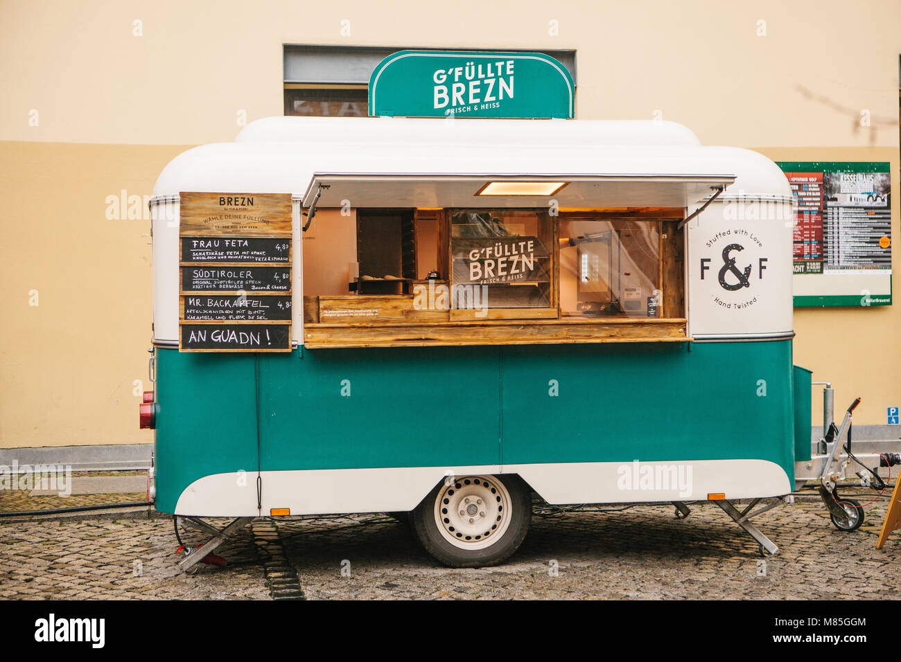 Berlin, October 1, 2017: Cozy small mini bus food market with snacks ...