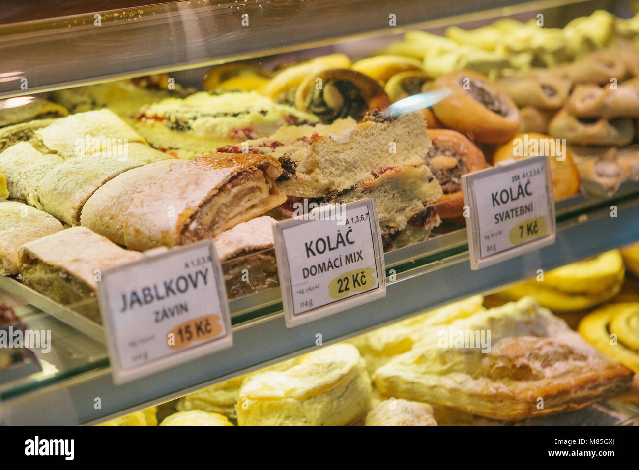 Czech desserts. Cakes, pastries and pies are on sale on the display ...