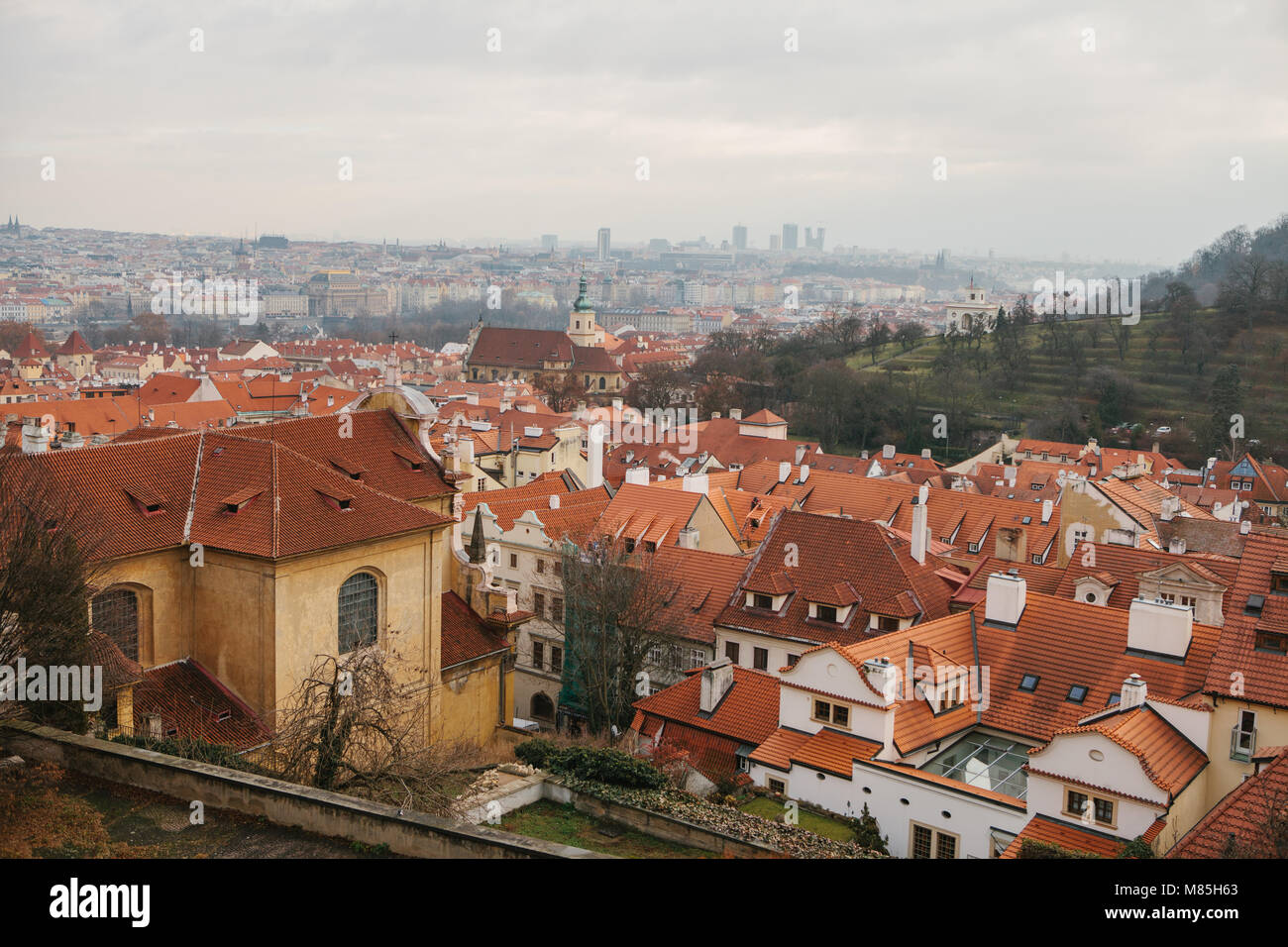 Typical roofs in Prague. Top view - roofs with red tiles in old ...