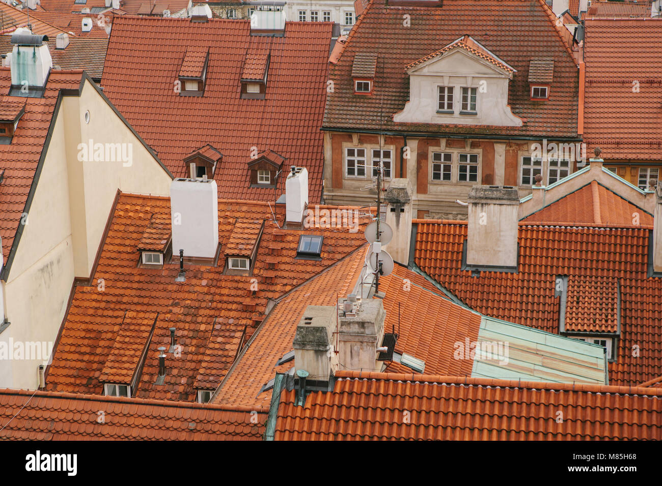 Typical roofs in Prague. Top view - roofs with red tiles in old ...