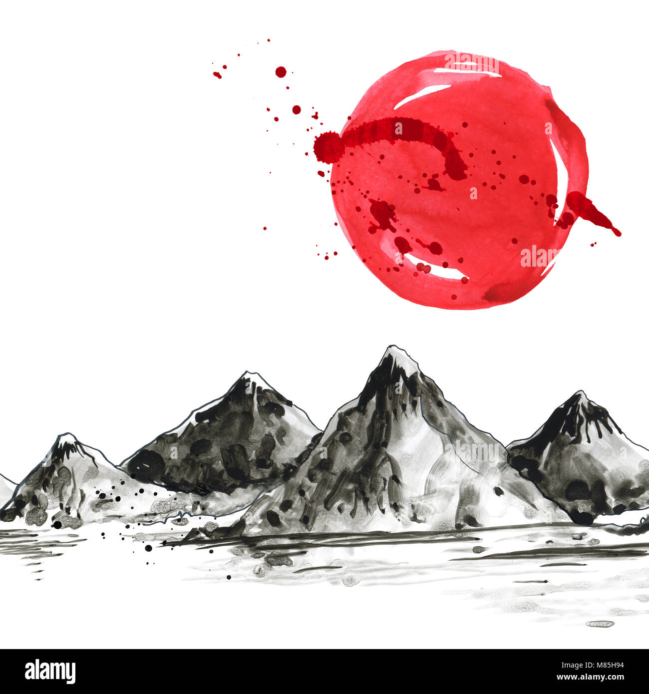 Mountains in Japanese style. Watercolor hand painting illustration ...