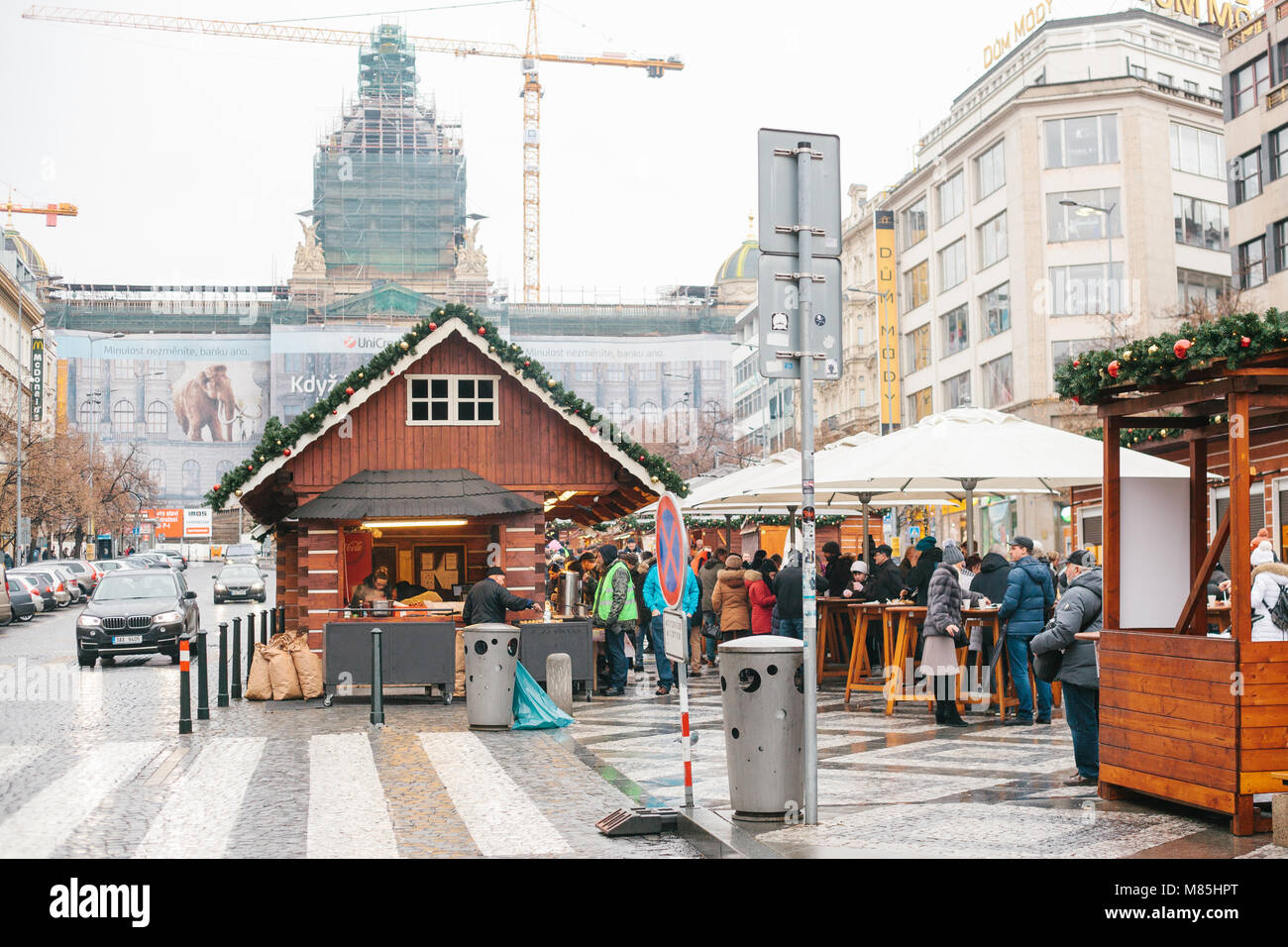 Wenceslas Square on Christmas Day. Christmas market. Happy local ...