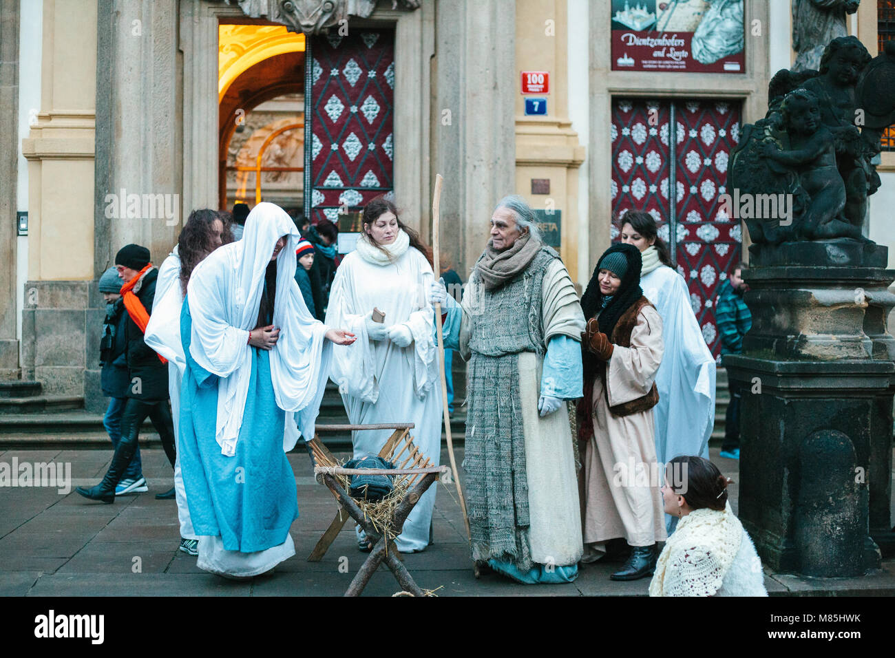 Christmas in Prague. Actors play the Christmas scene of Jesus Christ ...
