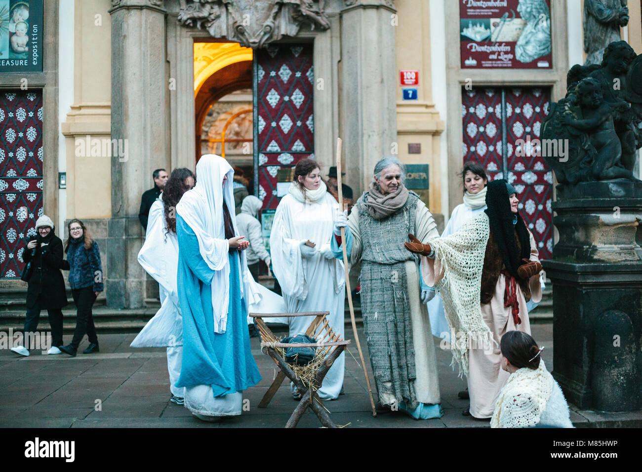 Christmas in Prague. Actors play the Christmas scene of Jesus Christ ...
