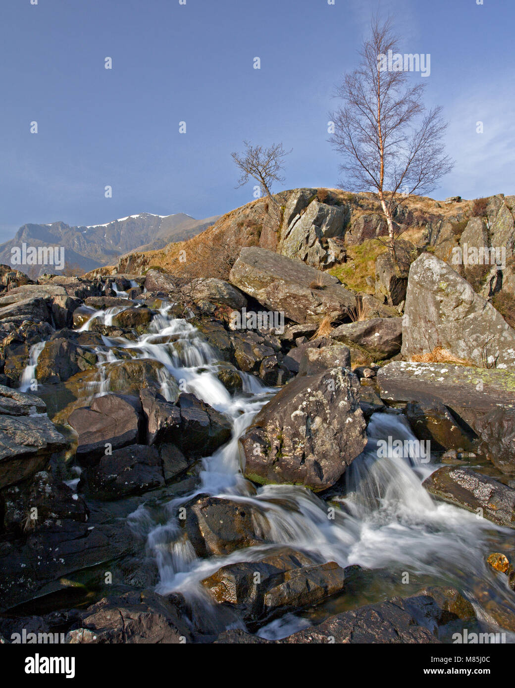 Small waterfall and rocks near Llyn Idwal, Snowdonia, North Wales on a ...