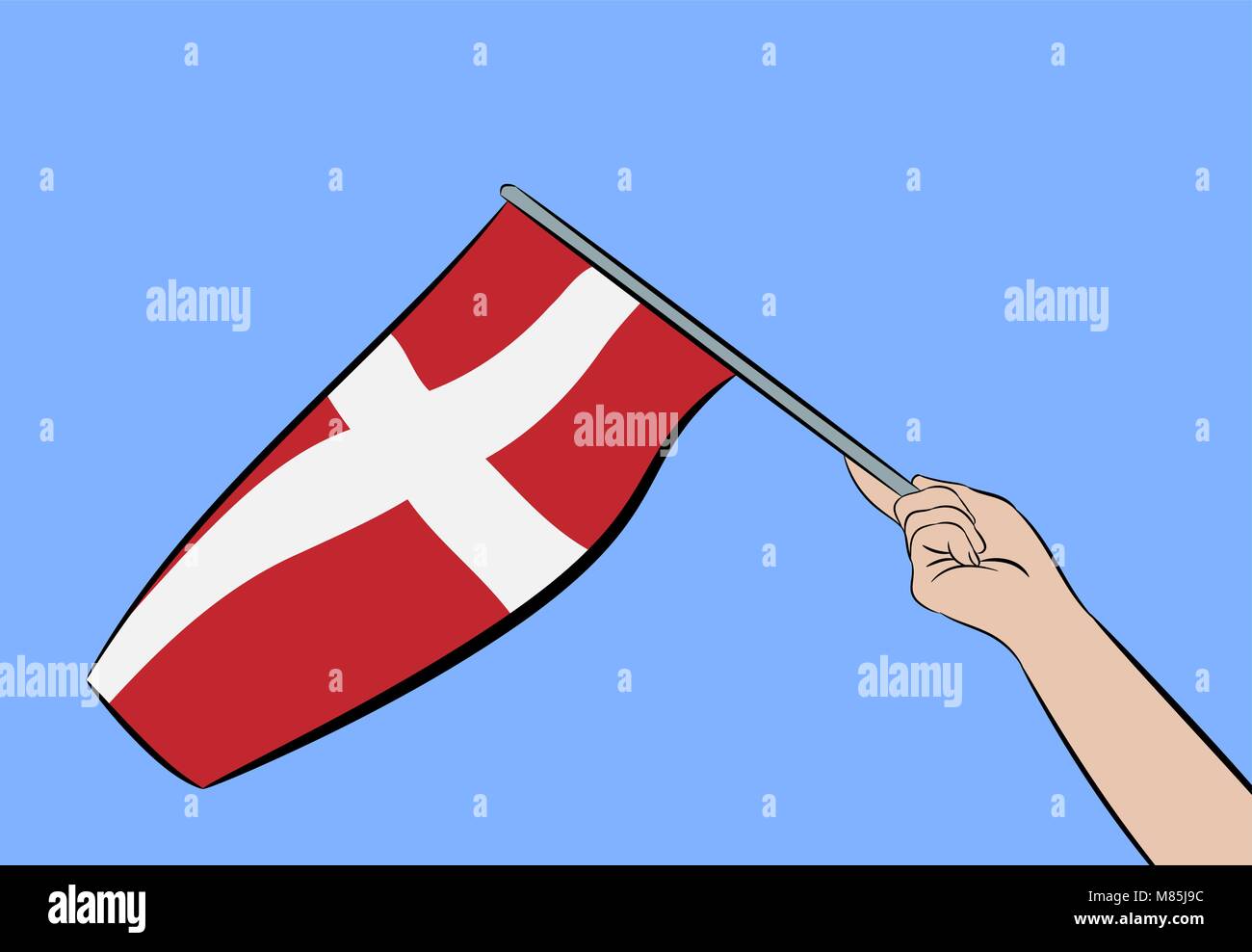 Female hand waving the flag of Denmark on a blue sky, vector ...