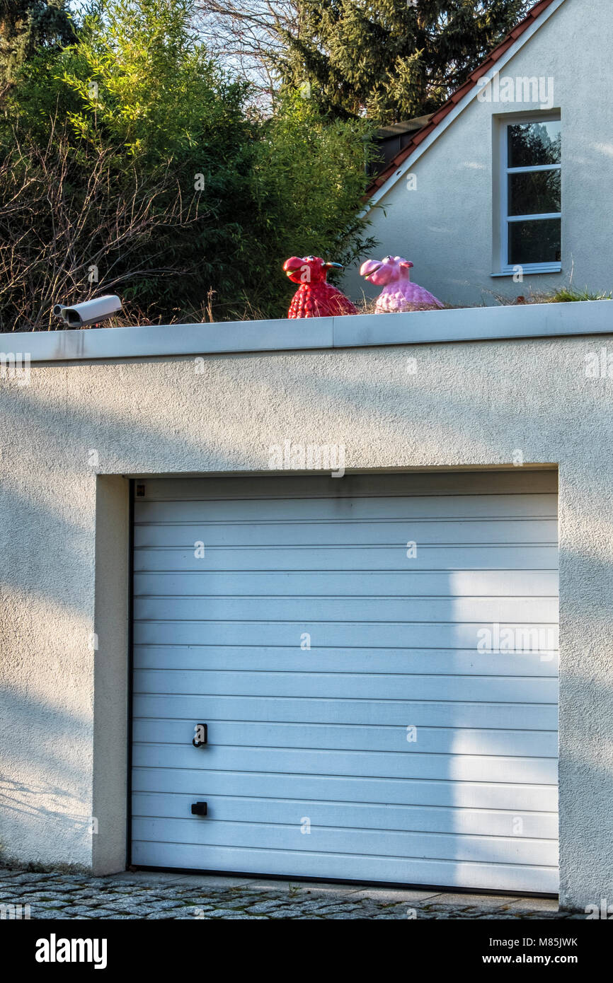 Berlin, Zehlenfdorf. House security system, CCTV camera and comical red ...