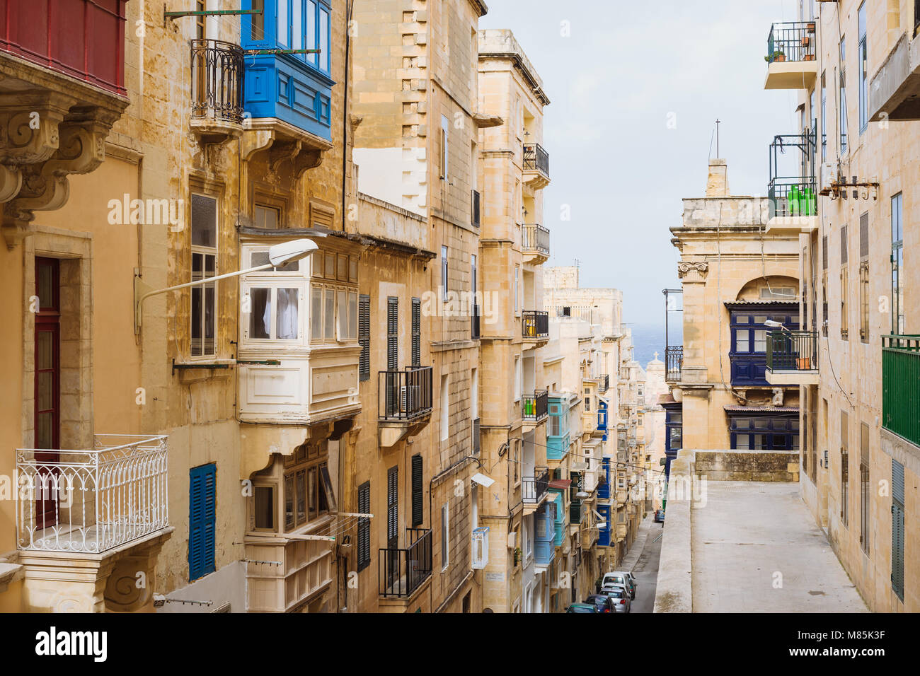 Valletta, Malta. Old Town street with traditional maltese balconies and ...