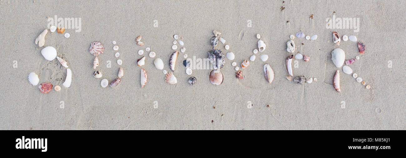 The word summer, written with shells in the sand on a beach in thailand ...