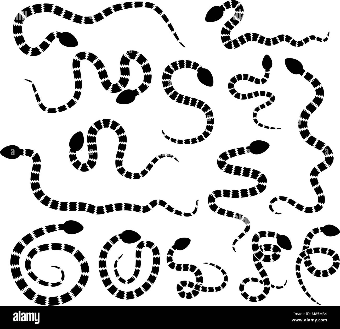 vector set of snake silhouette icons. black snakes isolated on white ...