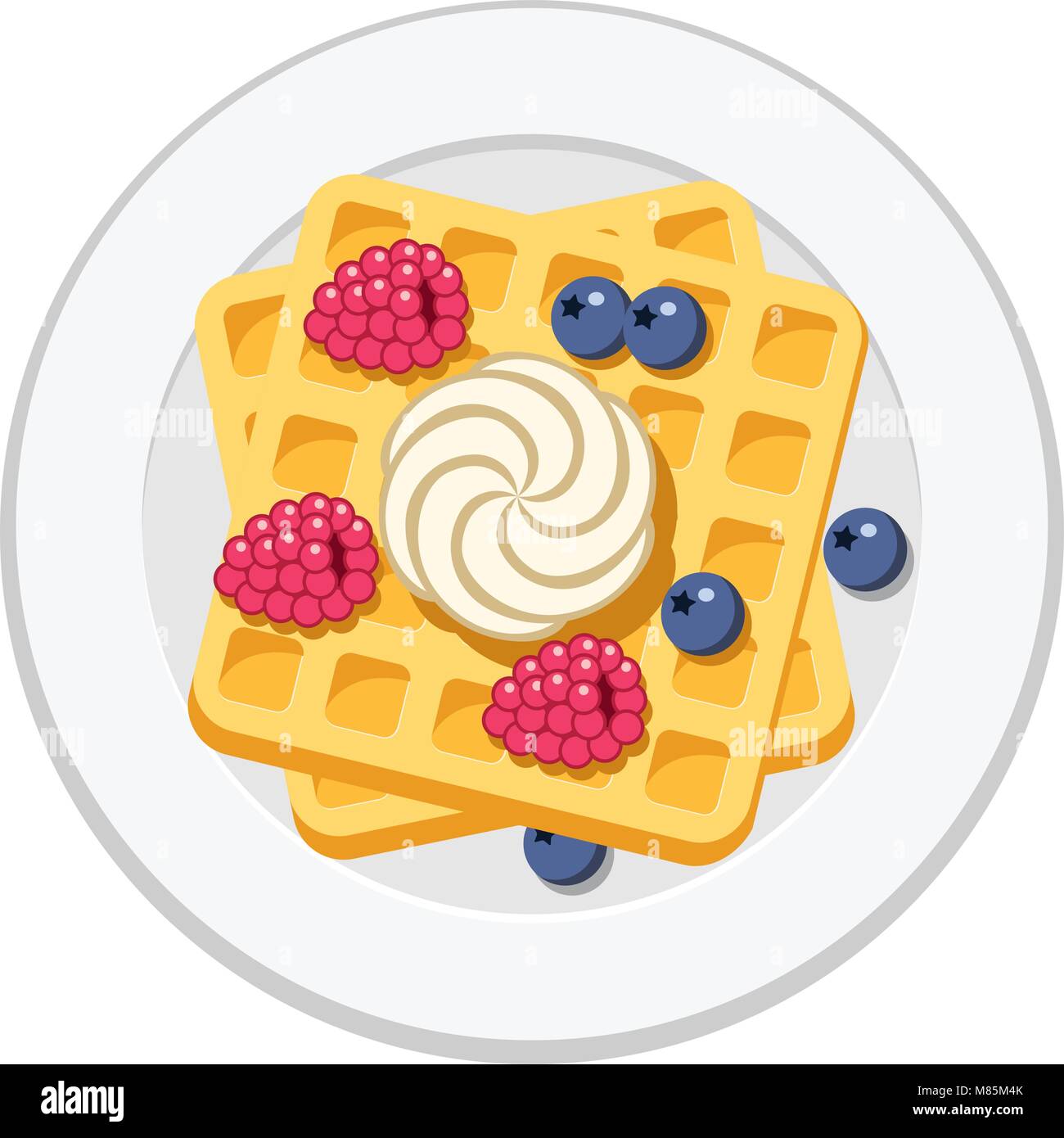 Vector Belgian Waffles With Ice Cream And Colorful Berries Isolated On