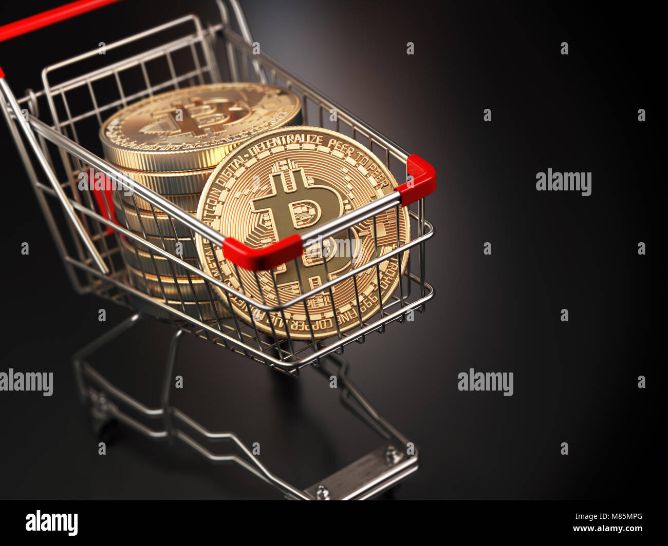 Bitcoin BTC coins in the shopping cart on black background ...