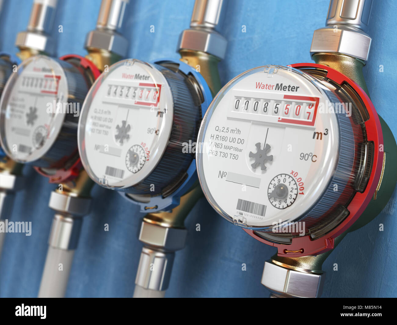 Row of water meters of cold and hot water on the wall background. 3d ...