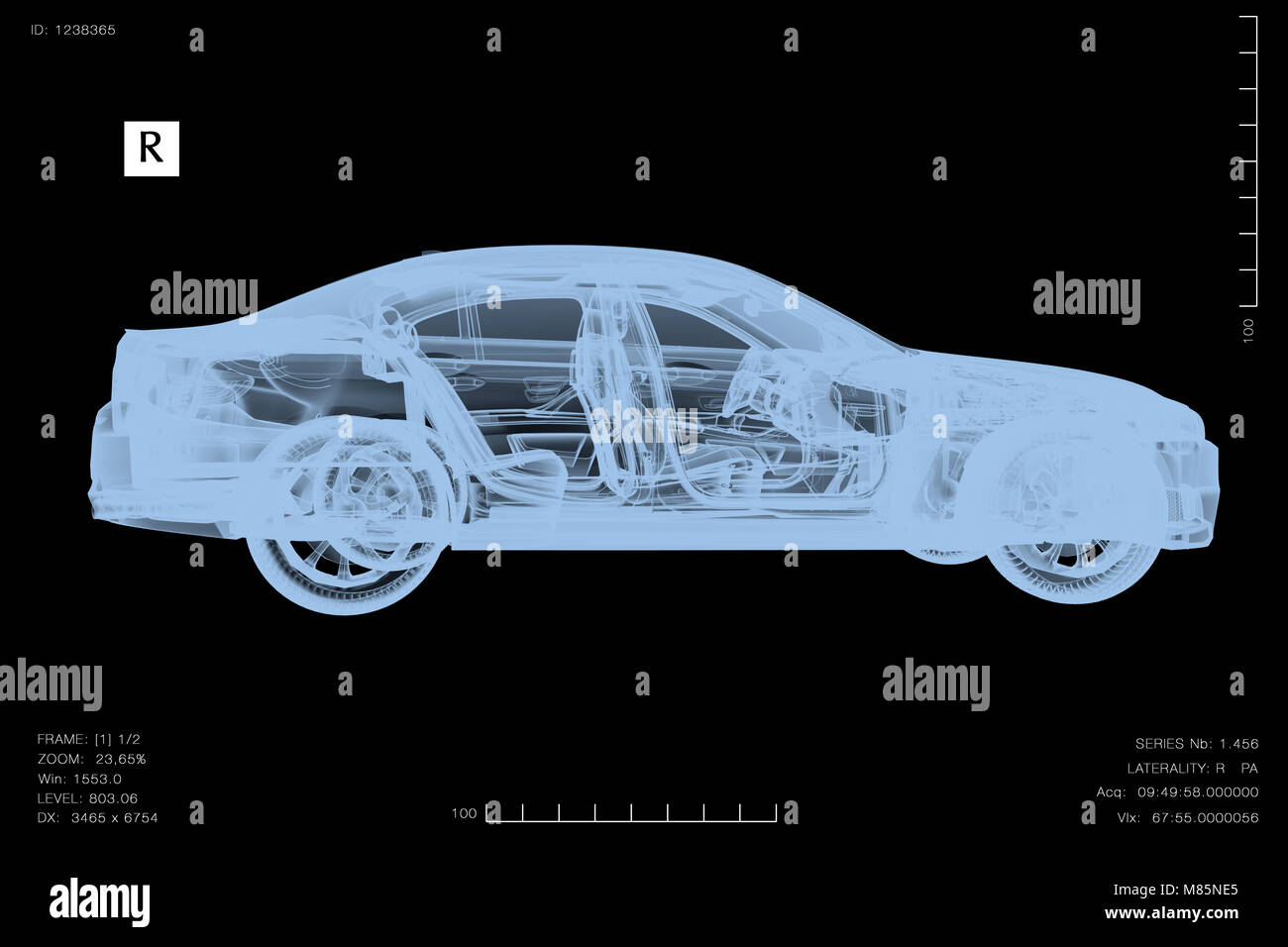 3D rendering of a conceptual image of a car under diagnosis with x-rays ...