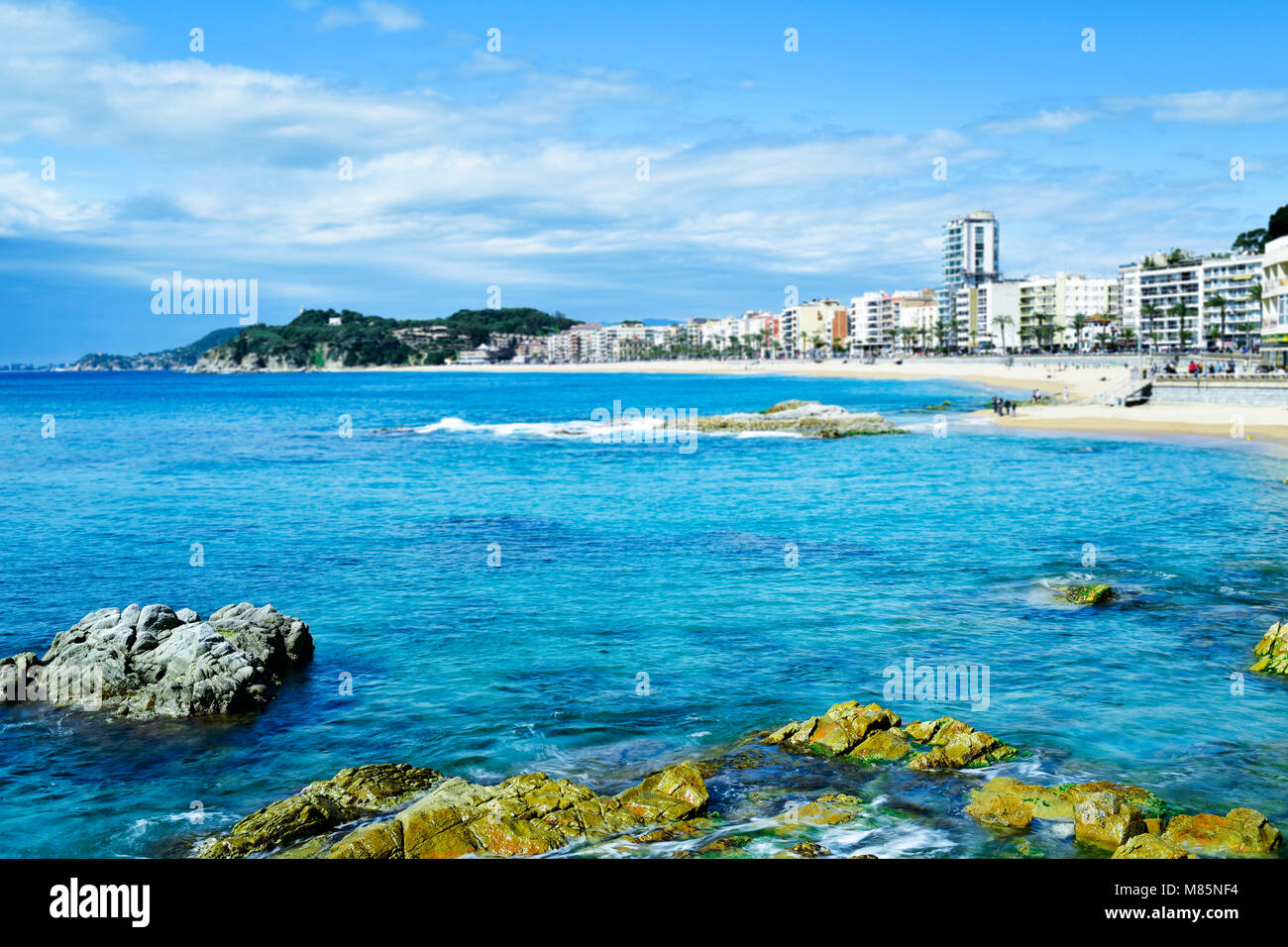 a view of the seafront of Lloret de Mar and the main beach of this ...