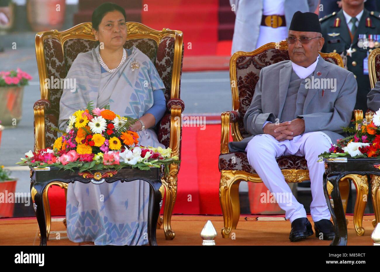 (180315) -- KATHMANDU, March 15, 2018 (Xinhua) -- Nepal's President Bidhya Devi Bhandari (L) and ...