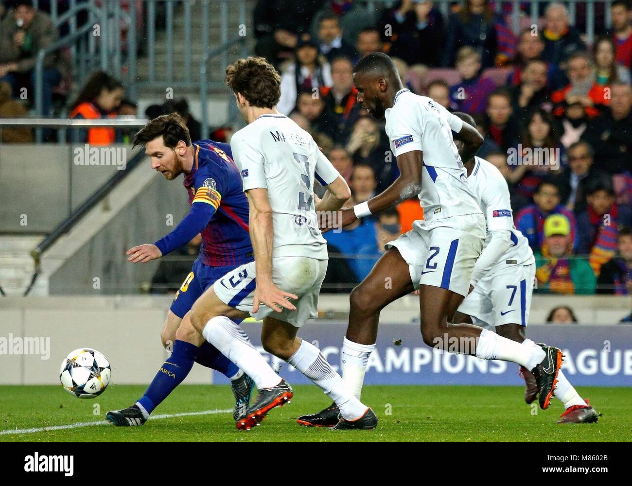 Barcelona, Spain. 14th Mar, 2018. Lionel Messi (1st L) of Barcelona ...