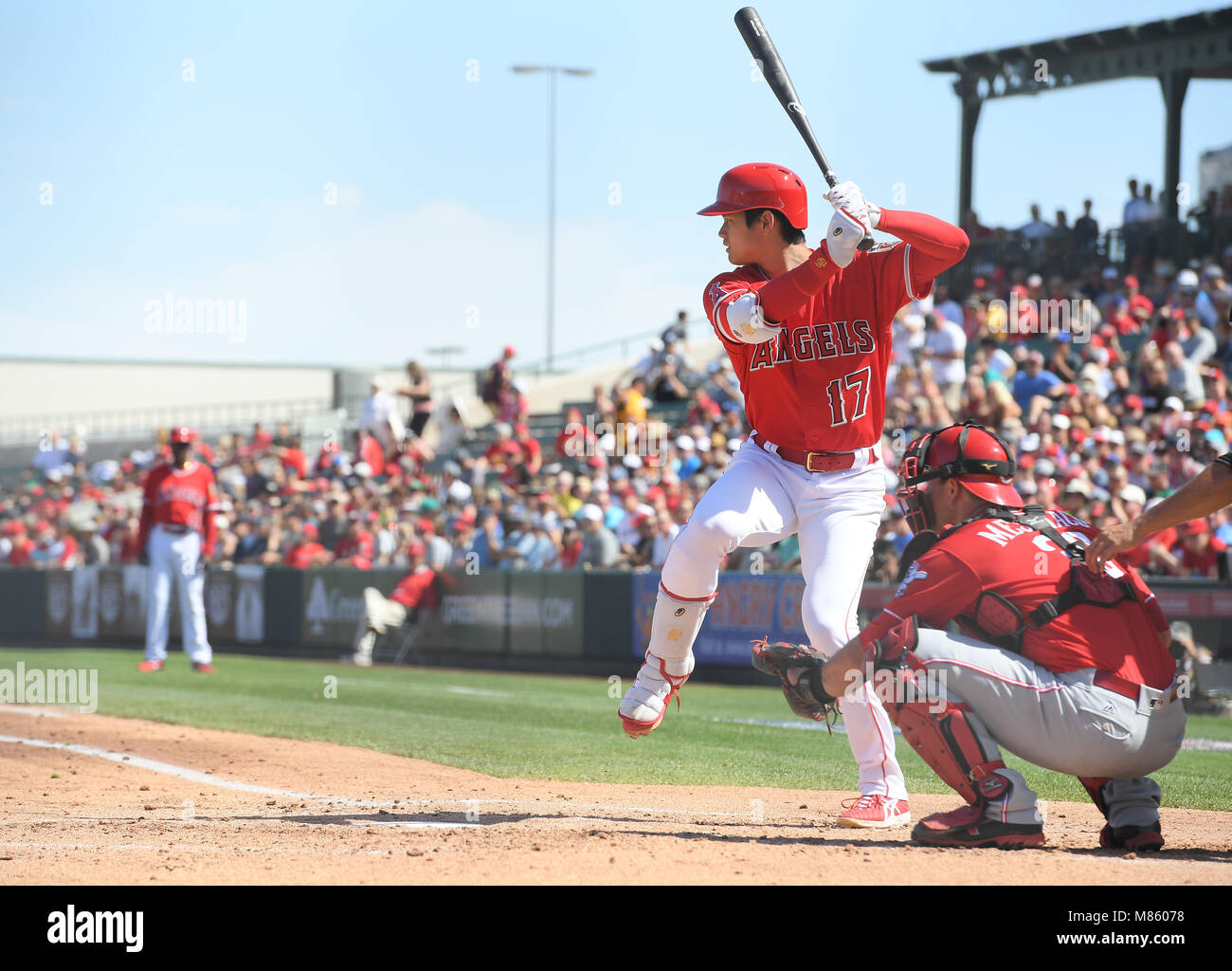 Shohei Ohtani of the Los Angles Angels at bat during the MLB spring ...