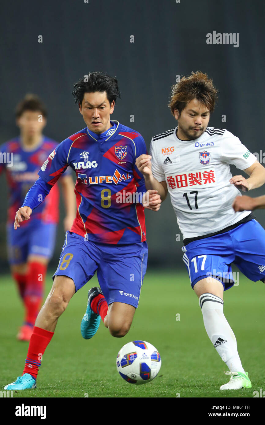 Ajinomoto Stadium, Tokyo, Japan. 14th Mar, 2018. (L-R) Yojiro Takahagi (FC Tokyo), Yuta Ito ...