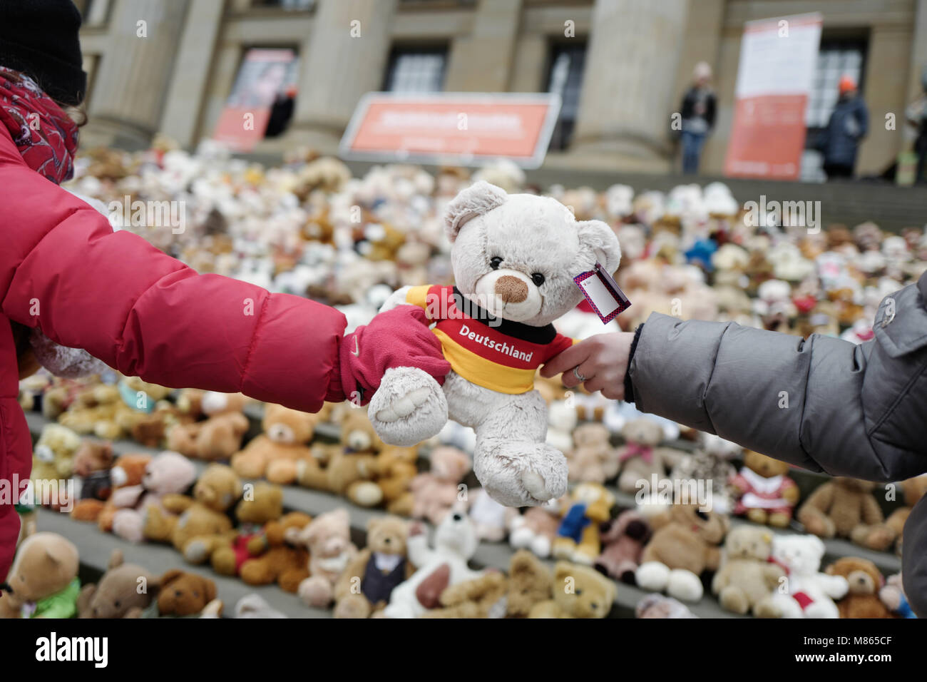 15 March 2018, Germany, Berlin: A memorial made out of 740 teddy bears ...