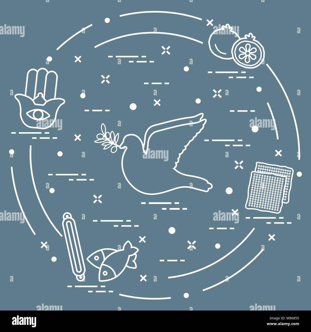 Jewish symbols: dove, olive branch, pomegranate, matzah, fish, hamsa ...