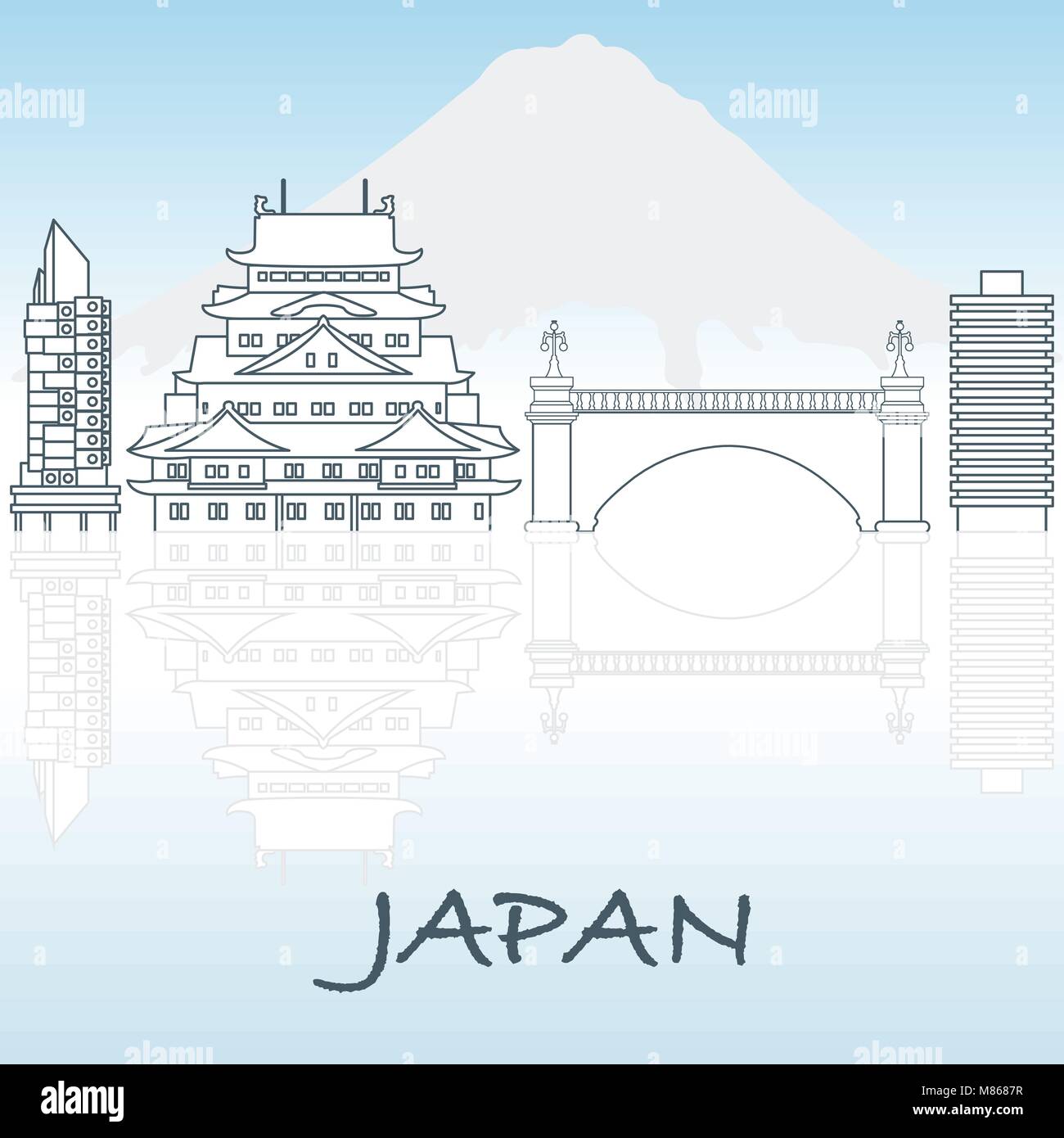 Japanese architecture. Building, suspension bridge and castle. Backdrop ...