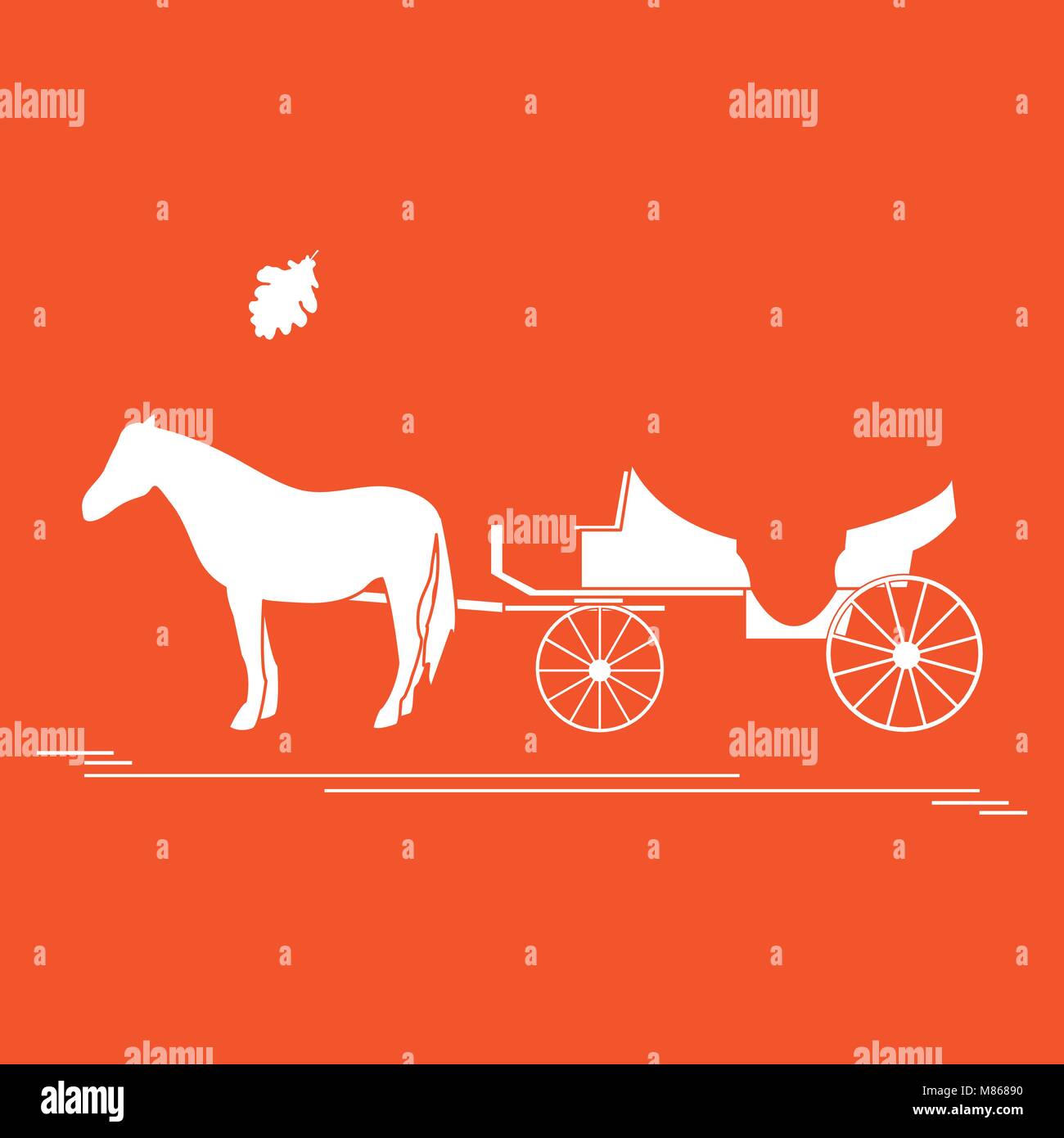 Vector illustration with horse-drawn carriage and oak leaf. Travel and ...