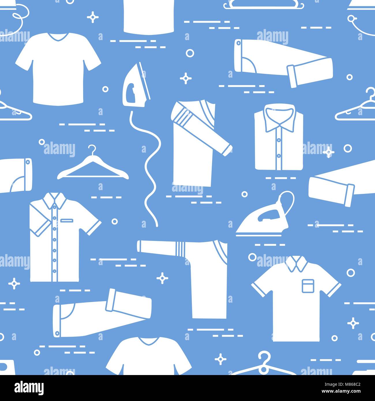 Seamless pattern with irons, clothes hangers and different clothes ...