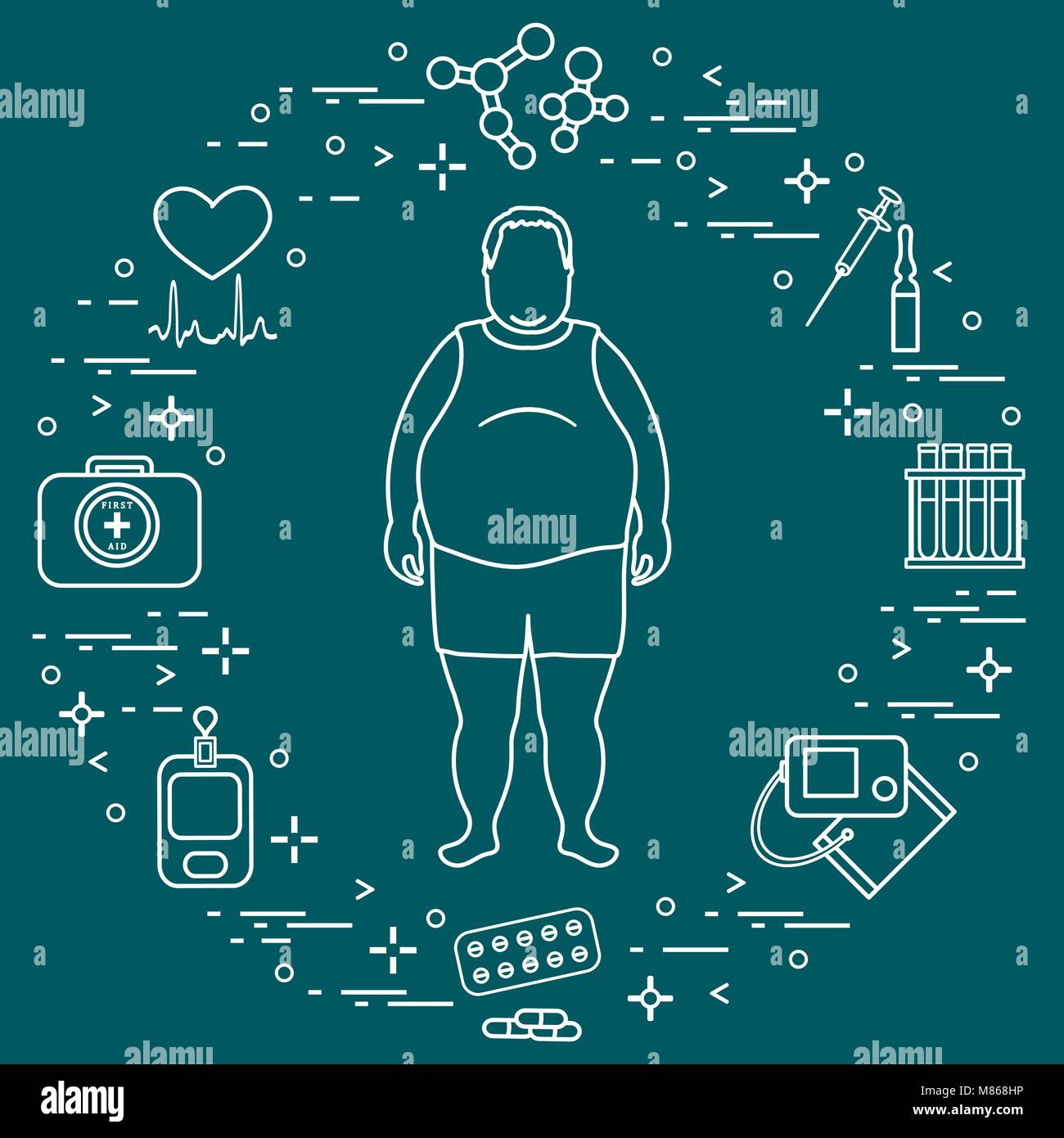 Fat man with medical devices, tools and drugs around him. Health and ...