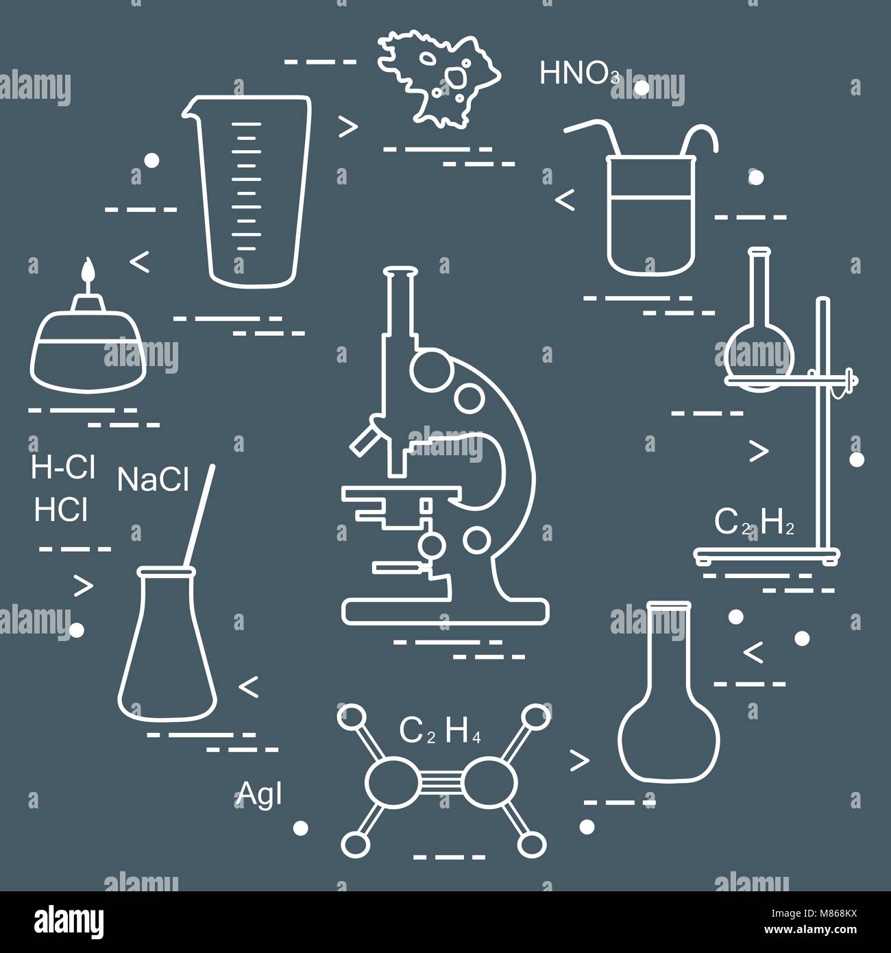 Chemistry scientific, education elements: microscope, flasks, tripod ...