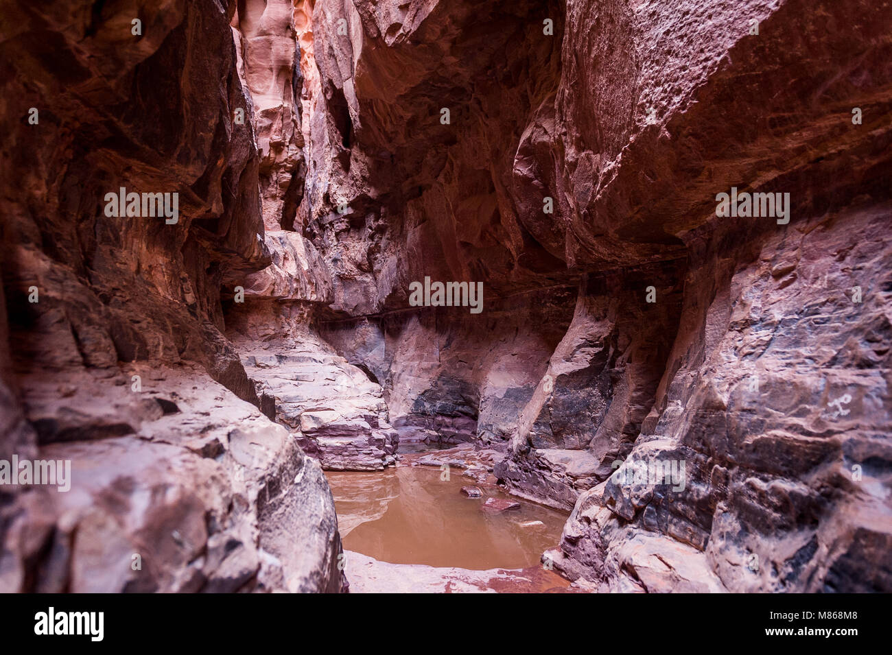Pool of water tucked away in the mountain range of Wadi Rum, Jordan ...