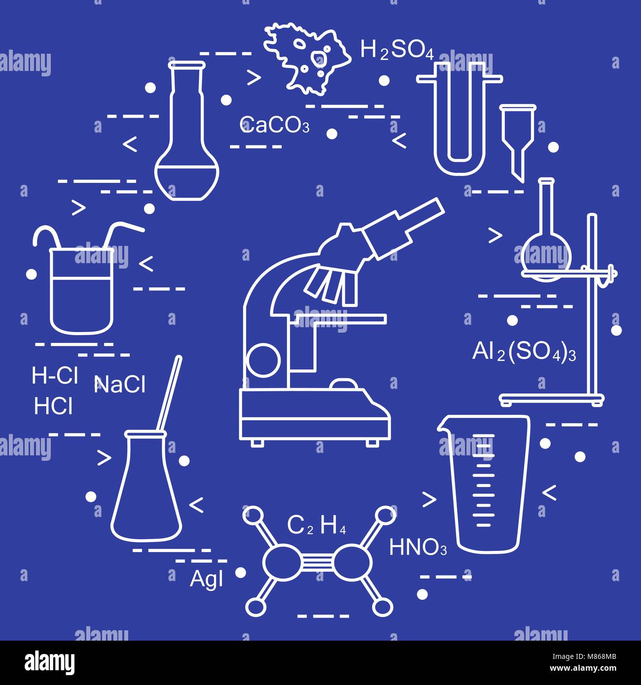 Chemistry scientific, education elements: microscope, flasks, tripod ...