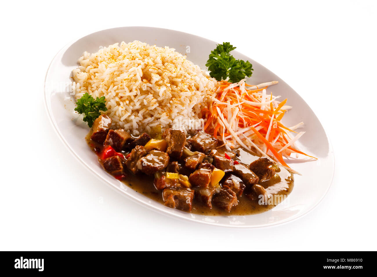 Roasted meat, white rice and vegetables Stock Photo - Alamy