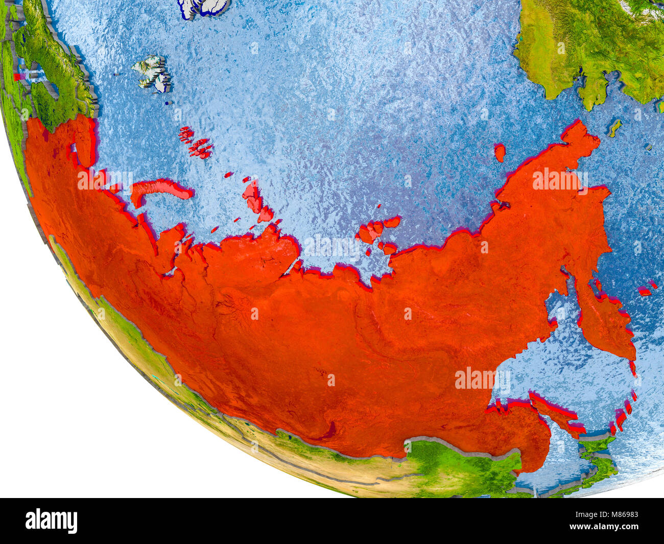 Map of Russia in red on globe with real planet surface, embossed ...