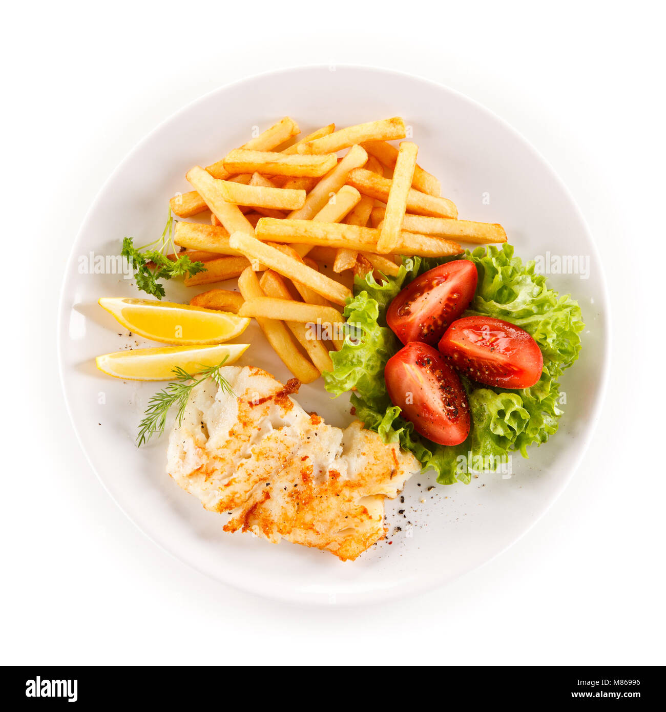 Fried fish fillet with french fries on white background Stock Photo - Alamy