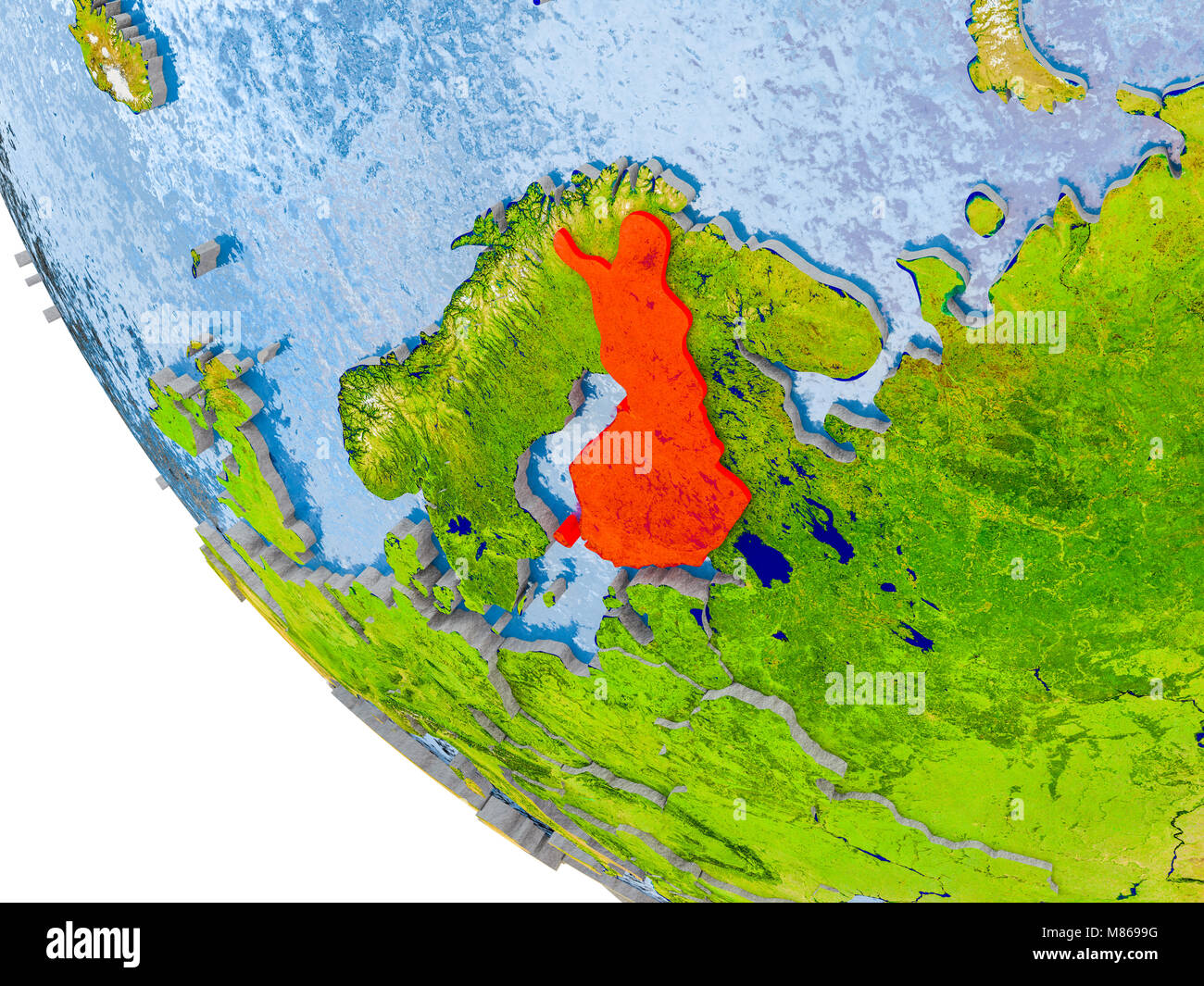 Map of Finland in red on globe with real planet surface, embossed ...