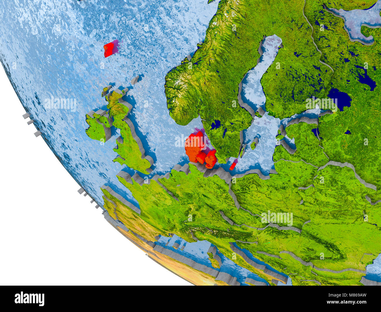 Map of Denmark in red on globe with real planet surface, embossed ...