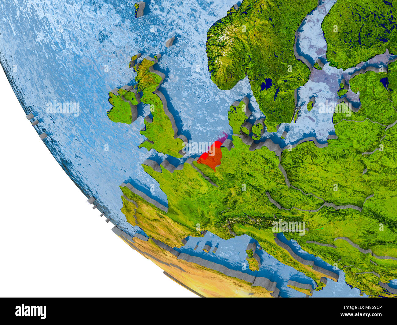 Map of Netherlands in red on globe with real planet surface, embossed ...