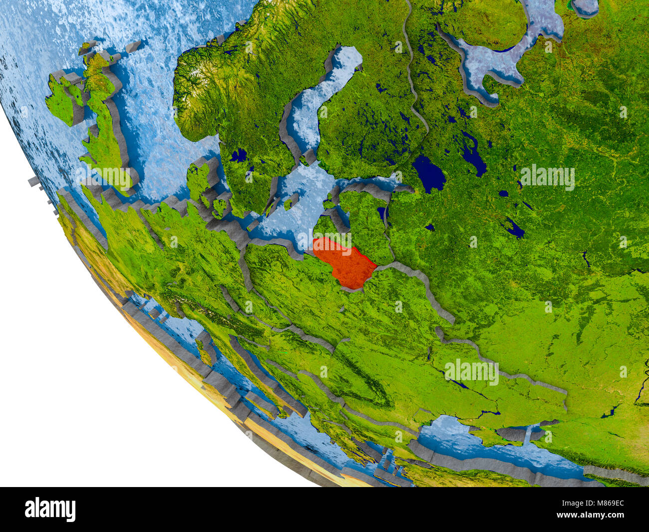 Map of Lithuania in red on globe with real planet surface, embossed ...