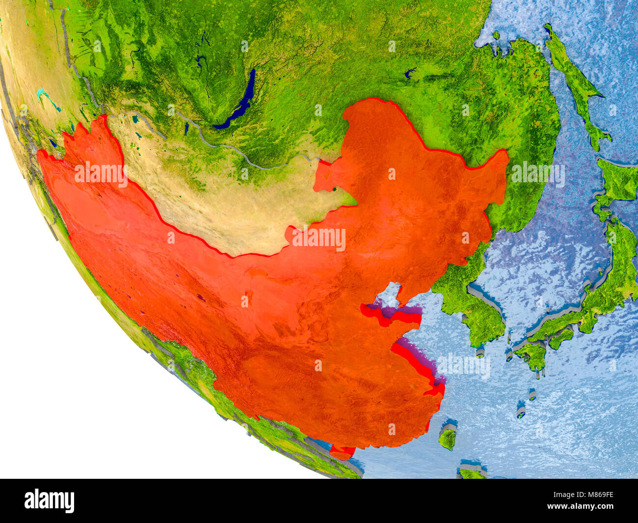 Map of China in red on globe with real planet surface, embossed ...