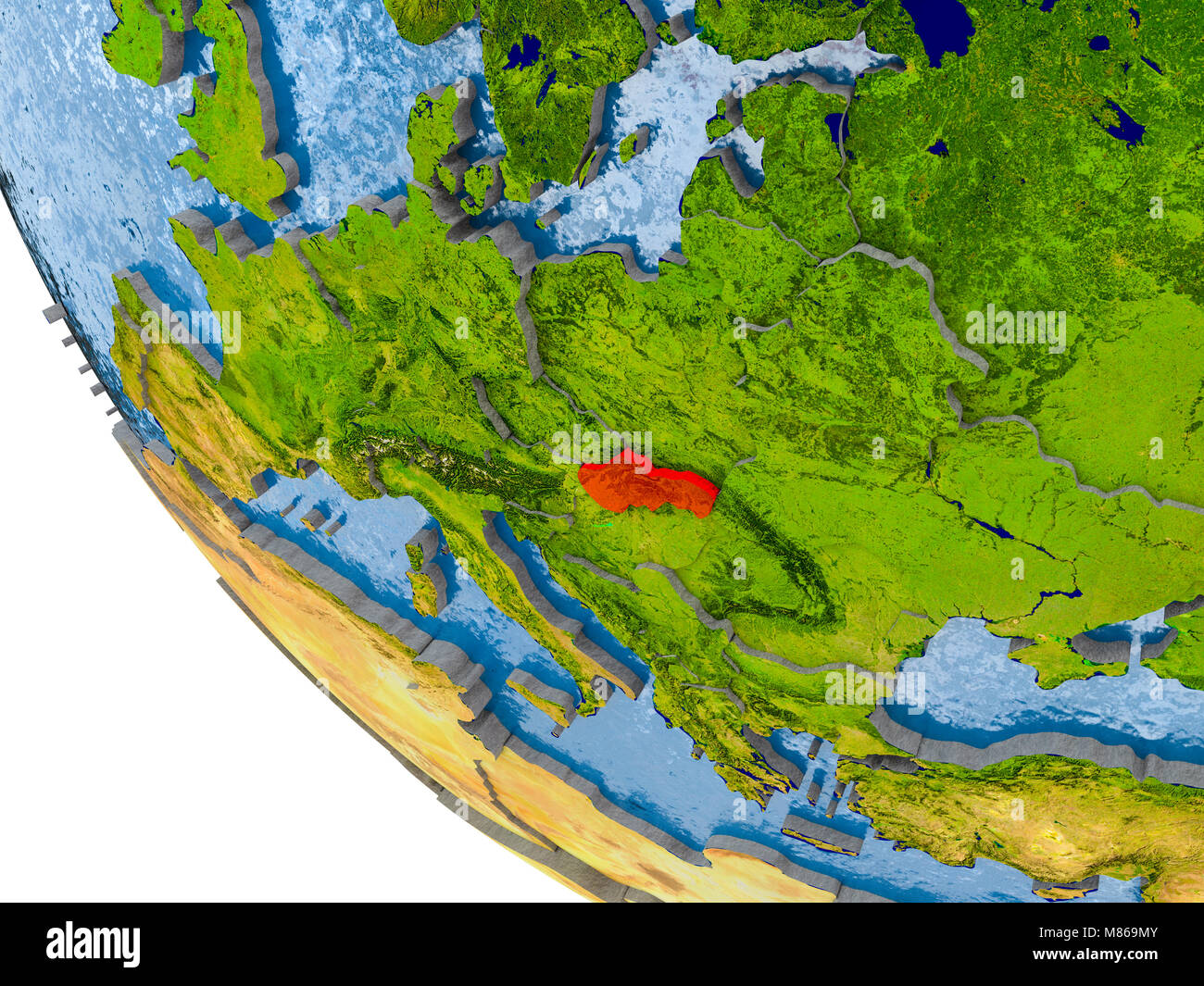 Map of Slovakia in red on globe with real planet surface, embossed ...